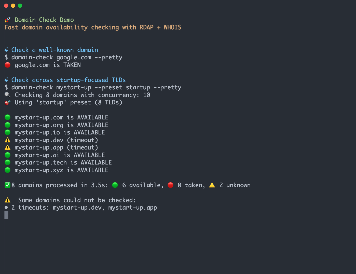 domain-check - A fast, powerful CLI tool for checking domain availability using RDAP and WHOIS ...