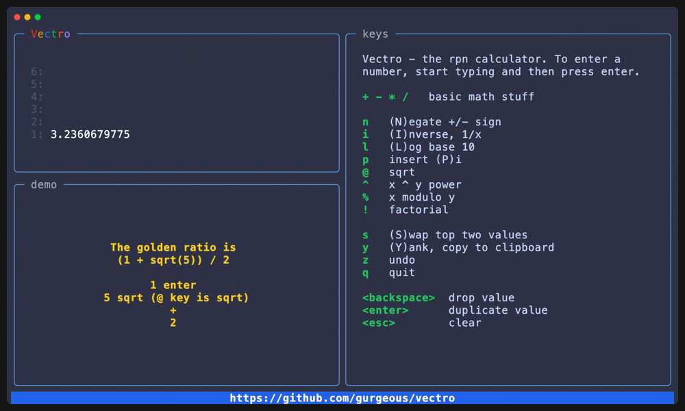 vectro - The rpn calculator for your terminal. - Terminal Trove