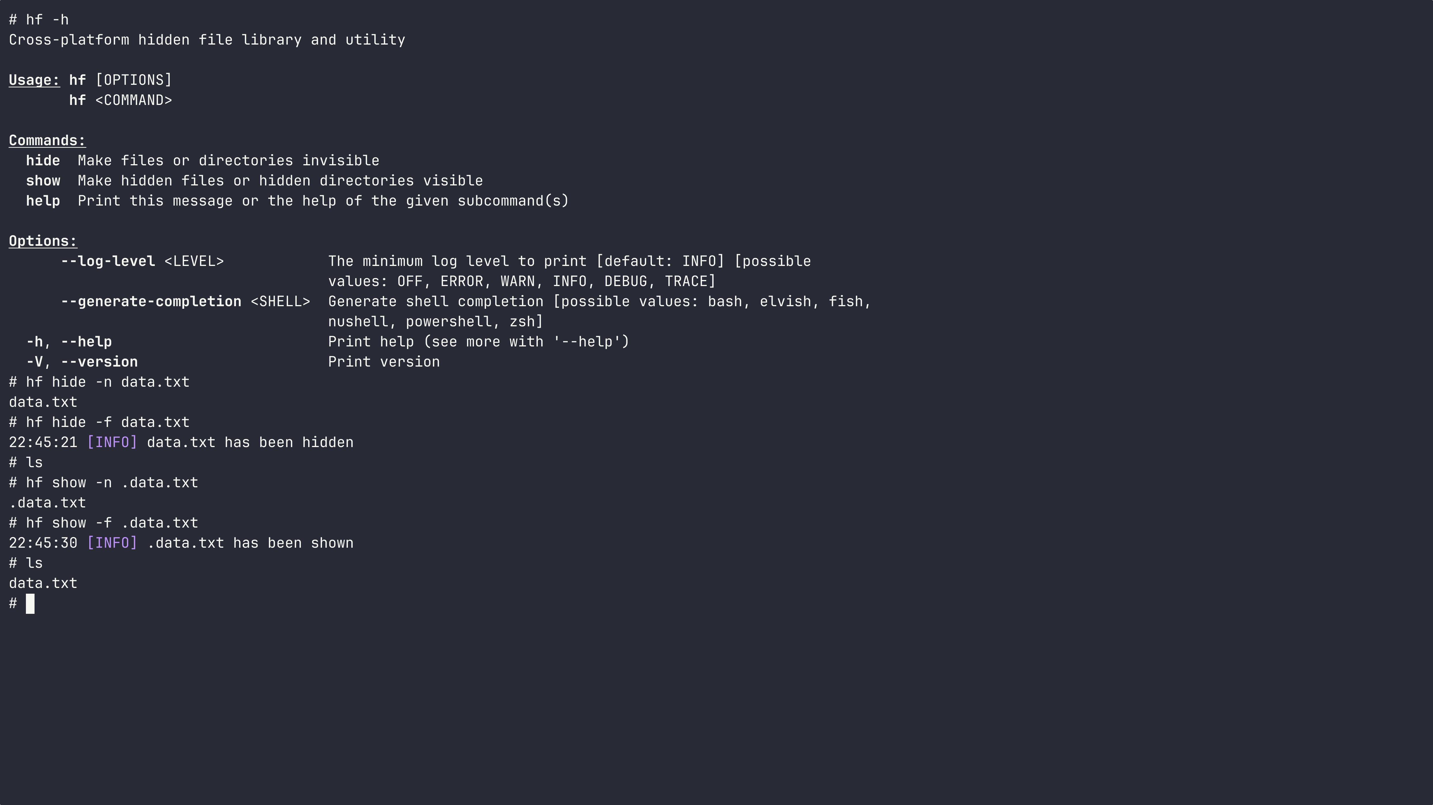 hf - Cross-platform hidden file library and utility. - Terminal Trove