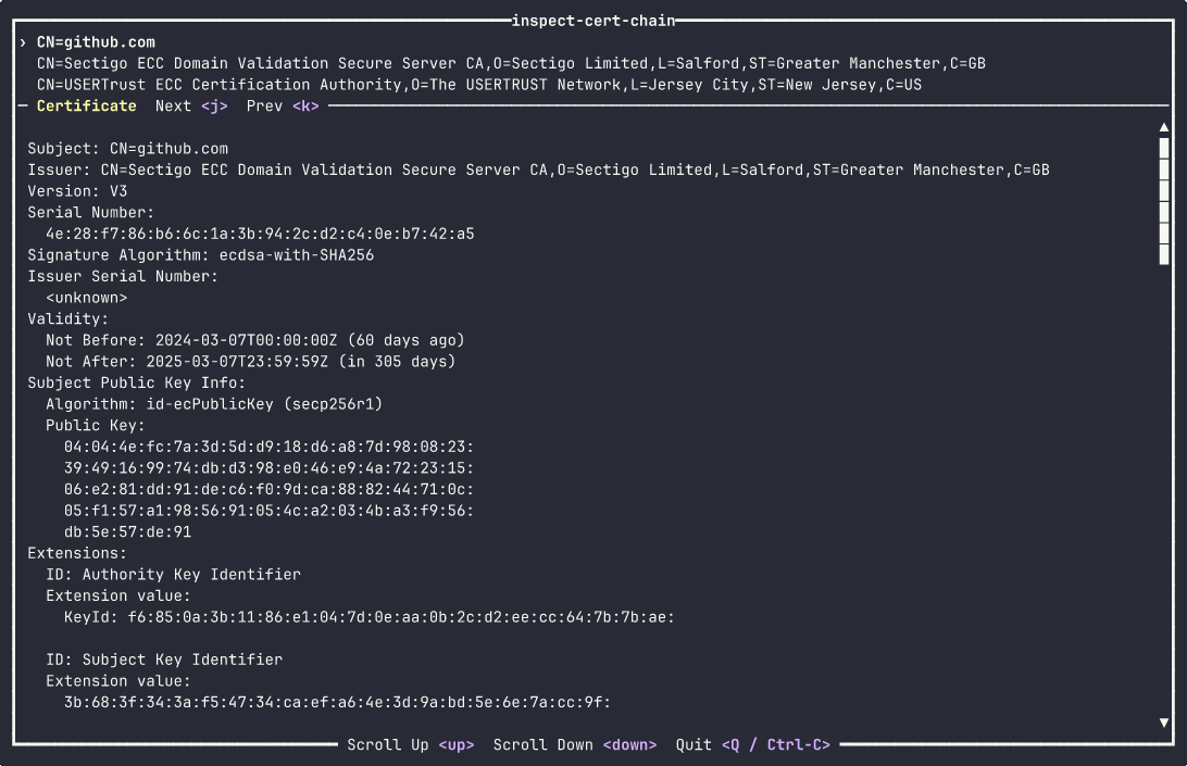 inspect-cert-chain - Inspect and debug TLS certificate chains. (without OpenSSL) - Terminal Trove