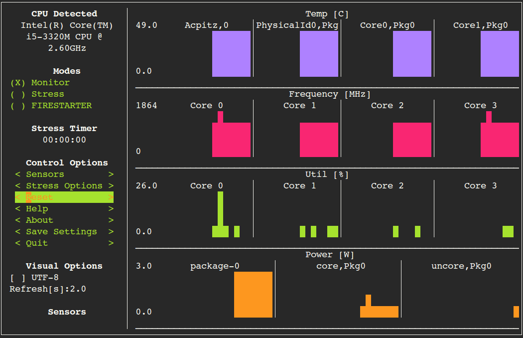 s-tui - terminal-based CPU stress and monitoring utility. - Terminal Trove