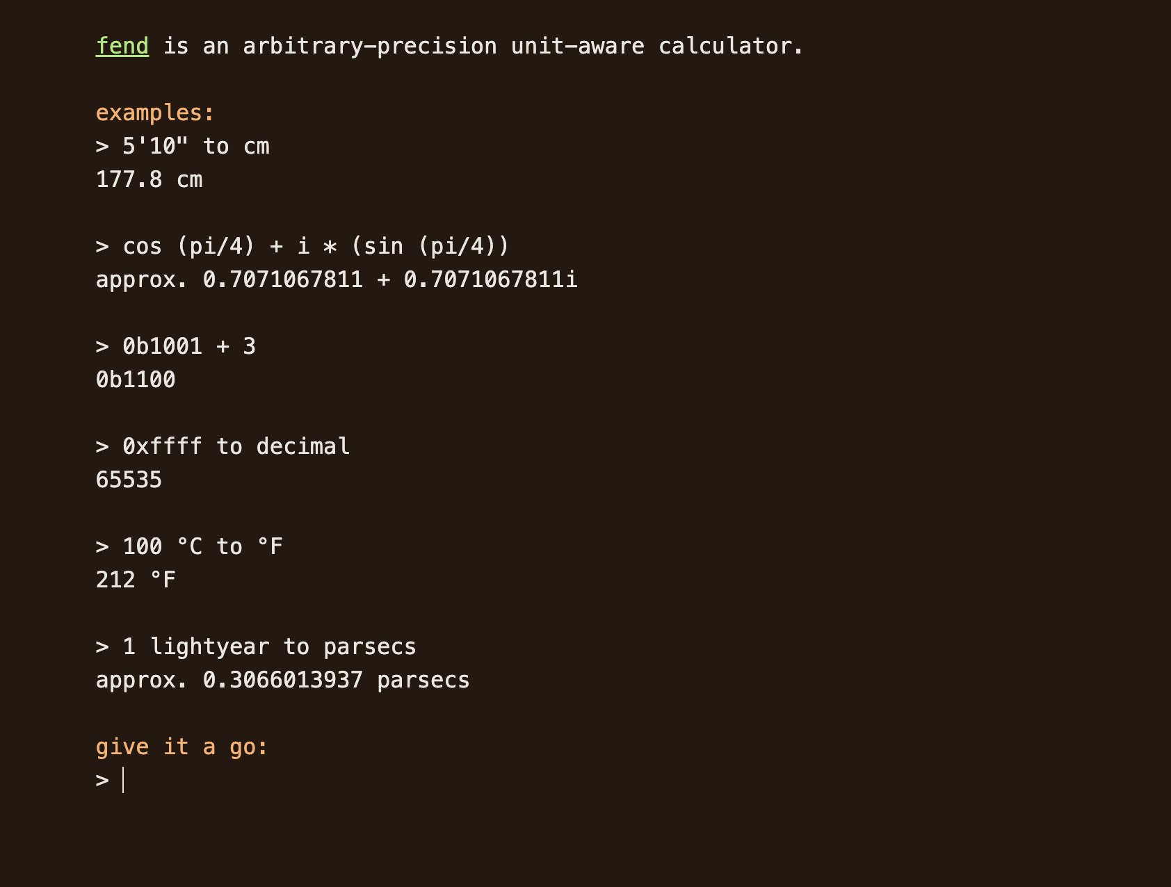 fend - An arbitrary-precision unit-aware calculator. - Terminal Trove